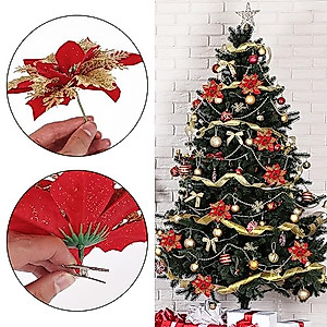 CEWOR 15 Pcs Christmas Poinsettia Flowers Glitter Artificial Flowers Decorations with Clips and Stems for Xmas Tree Wedding Party Wreath Fireplace Ornaments (Red and Gold)