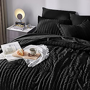 CozyLux Queen Seersucker Comforter Set with Sheets Black Bed in a Bag 7-Pieces All Season Bedding Sets with Comforter, Pillow Sham, Flat Sheet, Fitted Sheet, Pillowcase
