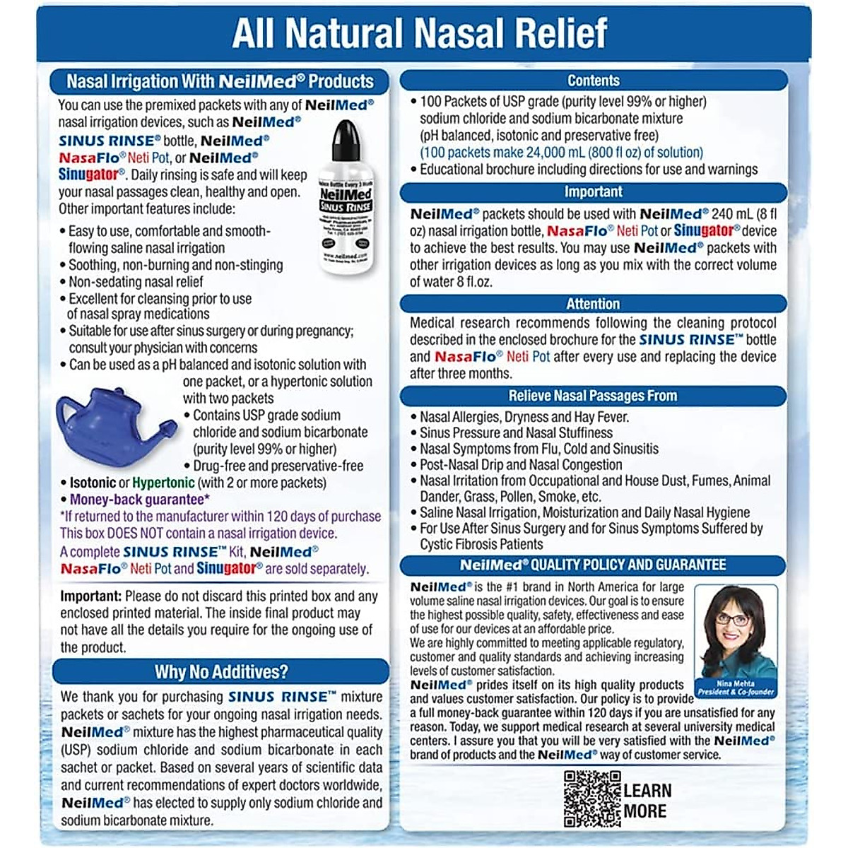 Neilmed Sinus Rinse - Nasal Rinse Refill Kit - 100 per Box
