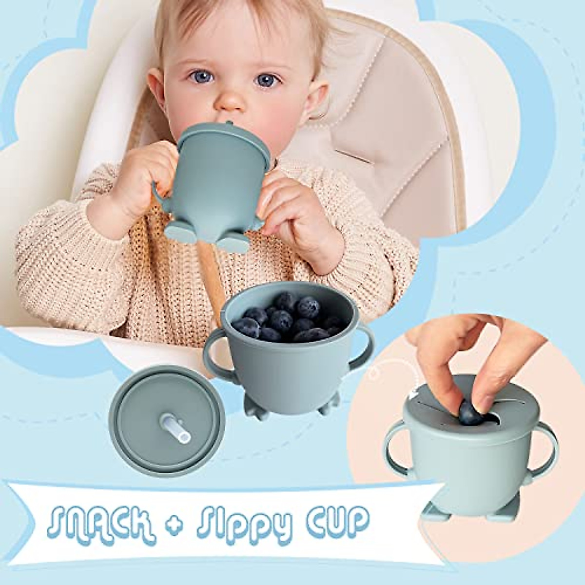 10pcs Baby Feeding Set | Baby Led Weaning Utensils | Includes Suction Bowl and Plate | Baby Feeding Supplies Set | 100% Food Grade BPA Free | Silicone Baby Bib, Spoon, Fork, Sippy Cup (blue)