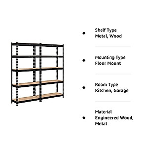 Topeakmart 2 PCS 5-Tier Utility Shelves, Metal Storage Shelves Garage Shelving Unit Adjustable Garage Storage Shelves Storage Racks Heavy Duty Shed Shelving - Black, 27.5 x 12 x 60 Inch