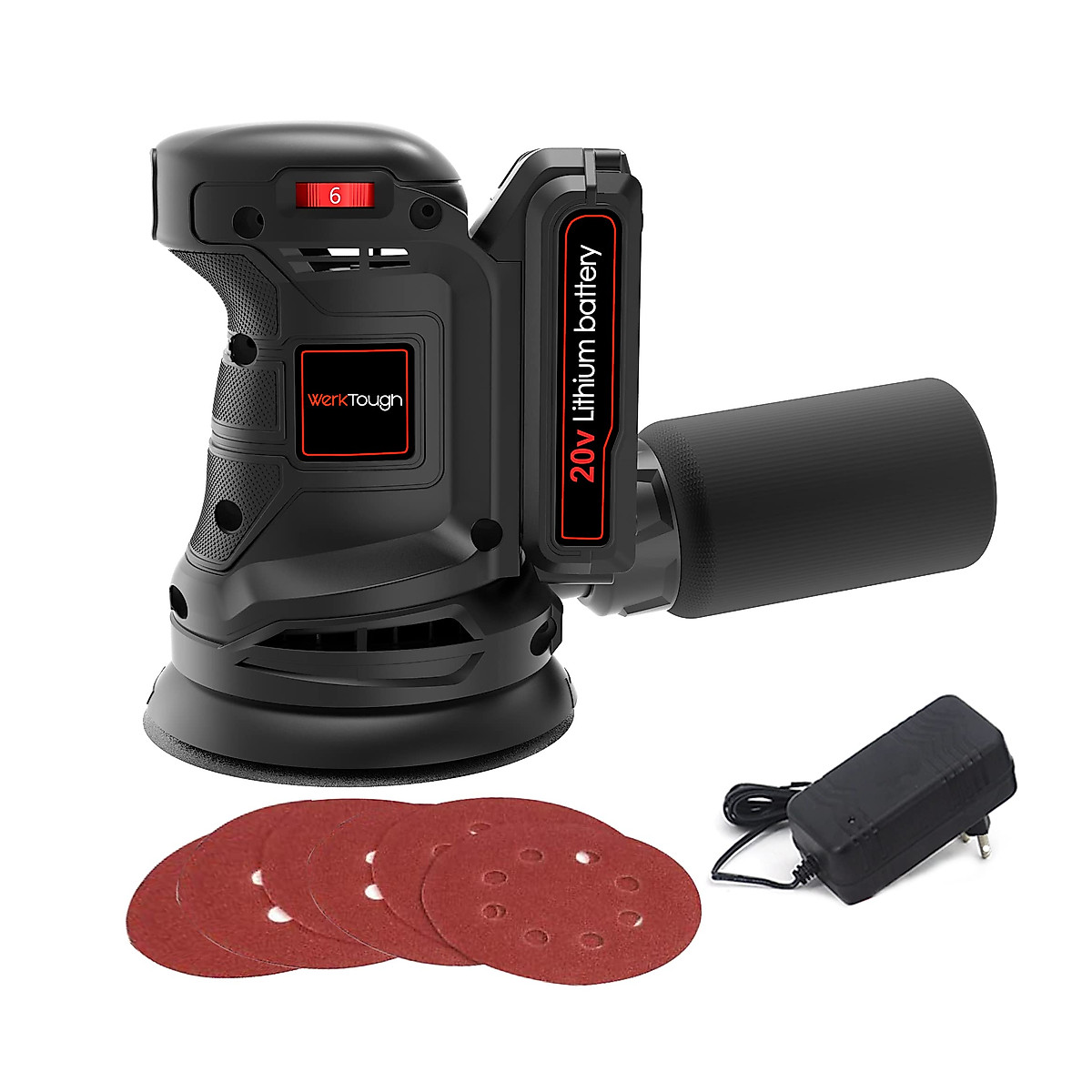 Powertough SA002 20v Cordless Random Orbital Sander 6-step Speed With 2.0A BatteryAnd Fast Charger 1pcs 125 Sander Wheel And 6pcs 125mm Sander Paper With Dust Bag