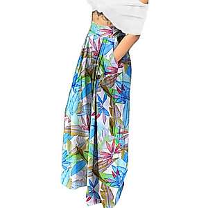 Famnbro Women's Boho Palazzo Pants Loose Fit Elastic High Waisted Long Wide Leg Trousers Plus Size