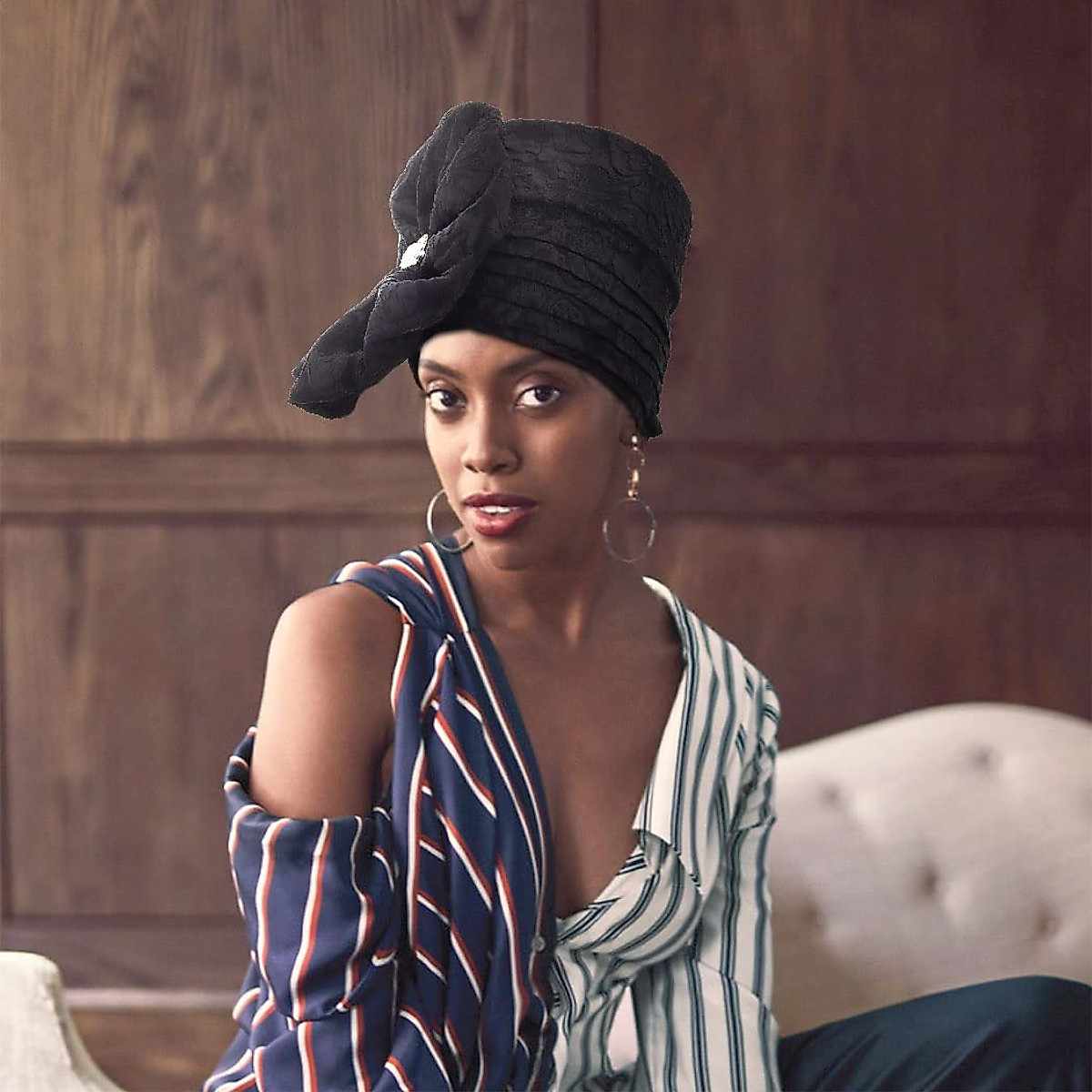 Urieo Big Flower Turban Black Beanie Head Wrap Elastic Ruffle Headwrap Hat for Women