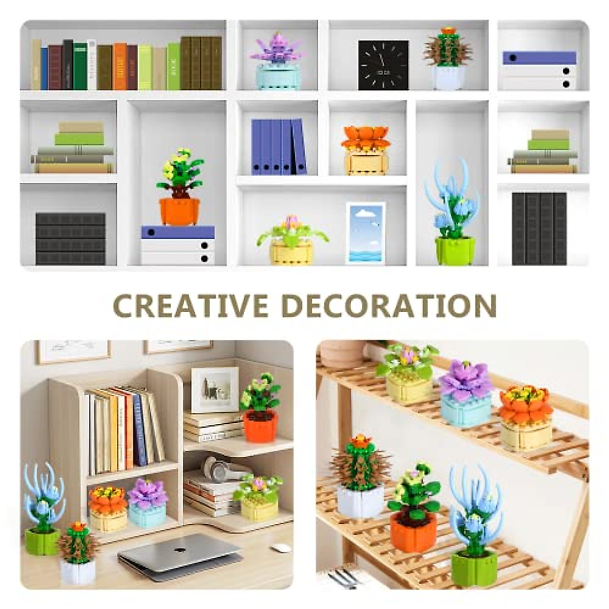 MOONTOY Succulents Artificial Plants Set Building Blocks Toys, 6 Packs Birthday Gifts for Adults Kids, Succulent Botanical Collection Flower Bouquet Kit Home Office Decor Bonsai Creative Gift (521PCS)