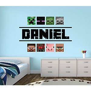 Personalized Gaming Name Wall Decals - Famous Video Game Sticker for Kids Room - Gamer Room Bedroom Stickers - Mine Removable Wall Decal for Boys Playroom Art Mural Vinyl Poster Wall Decor
