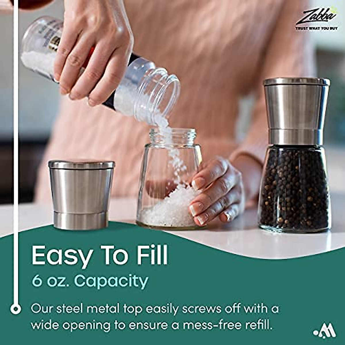 Modetro Salt and Pepper Shakers Set 6 oz Each Adjustable Coarseness Pepper Grinder Mill for Sea Salt Spice Stainless Steel Glass 2 Pack