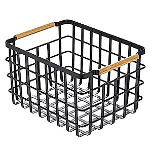 mDesign Metal Wire Closet Storage Basket Bin Organizer with Wood Handles for Bedroom, Bathroom, Mudroom, Entryway, Hallway, or Linen Closet Organization - Yami Collection, Matte Black/Natural