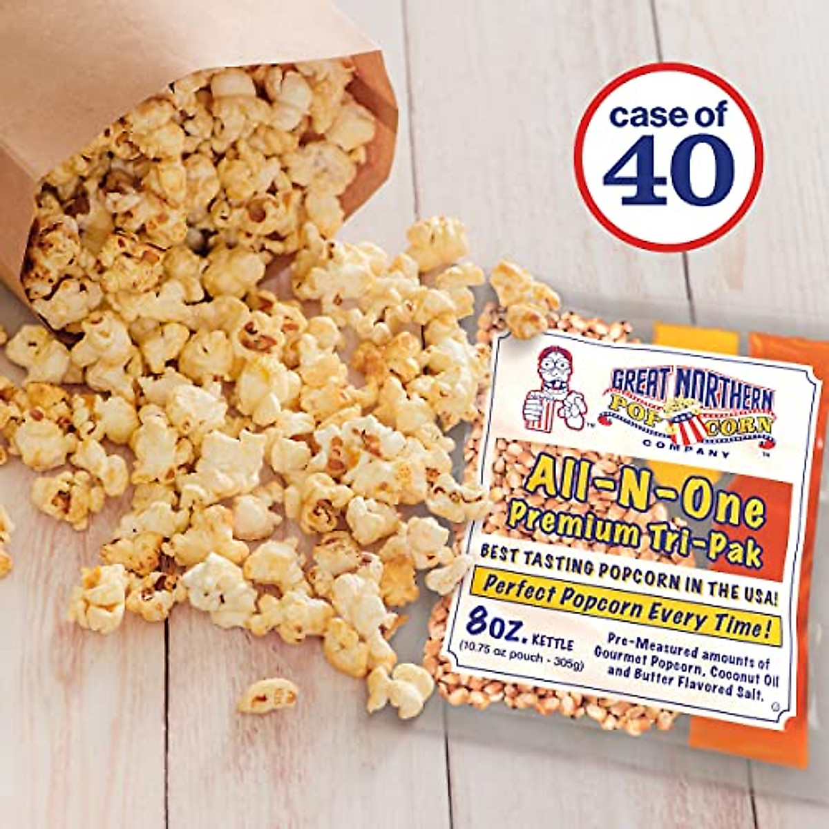 Great Northern Popcorn Company Movie Theater Style 40-Count Popcorn Packs Pre-Measured 8-Ounce All-in-One Kernel, Salt, Oil Packets for Popping Machines, 8 Ounce (Pack of 40)