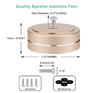 Monosaudio Speaker Isolation Feet 4 Pcs 40x15mm Aluminum Feet Subwoofer Isolation Feet with Non-Slip Rubber Rings/Adhesive/M4 Screws for Audio,Speakers,Subwoofers,Amplifier,DAC,Turntable(Gold)