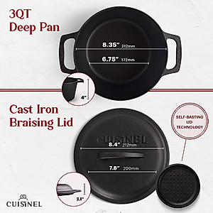 Cuisinel Cast Iron Dutch Oven - 3-Quart Deep Pot + Lid + Pan Scraper + Handle Covers - Large Pre-Seasoned Cooker for Baking Bread, Soup, Frying - Indoor/Outdoor Kitchen, Camping, Fire, BBQ Cookware