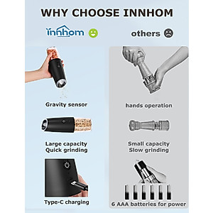 innhom Gravity Electric Salt Grinder Pepper Grinder Pepper Mill Automatic Salt and Pepper Grinder with Adjustable Coarseness USB Rechargable, 1 Pack