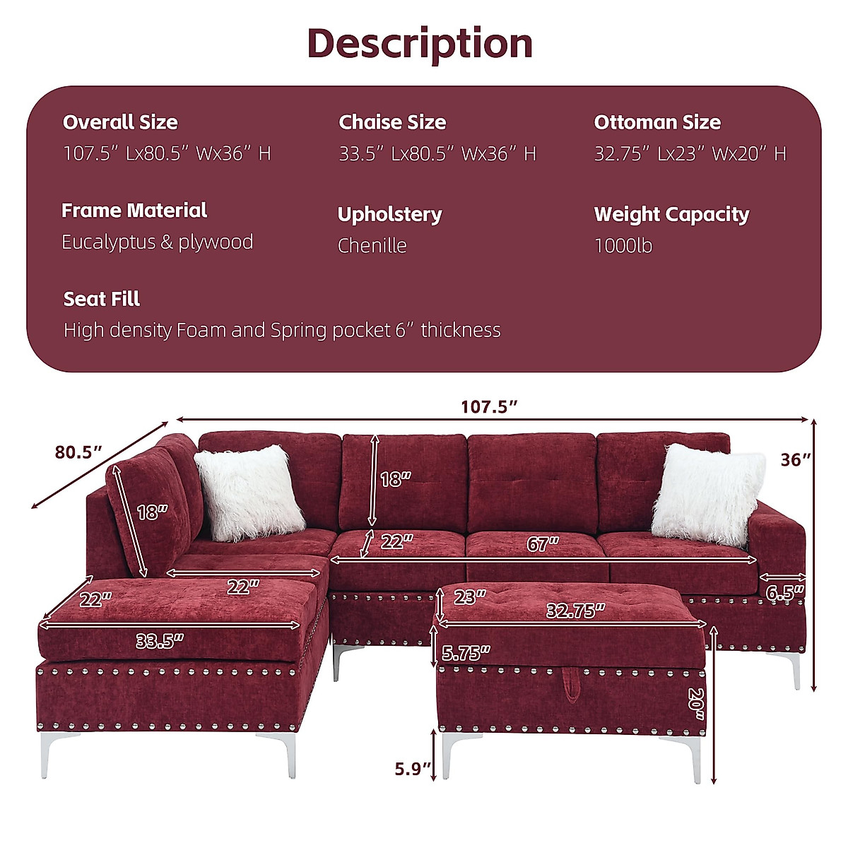 Yoglad Living Room Furniture Set, Sectional 5-Seater Sofa with Reversible Chaise, Corner Sofa Set with Ottoman, L Shaped Couch for Apartment, Living Room (107.5 Inch Chenille, Red)