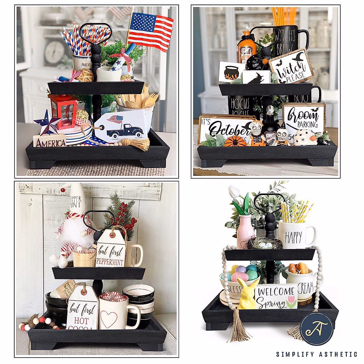 Pine Wood Tiered Tray - 2 Tier Tray - Farmhouse Tiered Tray - Two Tiered Tray - Island Decorations for Kitchen - 2 Tiered Tray Stand with 39" Beads and Home Sweet Home Sign (Black)