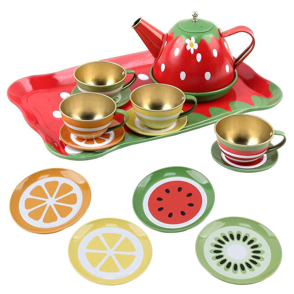 Vokodo Kids Fruit Themed Pretend Play Tea Set 14 Piece Durably Built from Food-Safe Material BPA-Free Kitchen Playset Perfect Early Learning Preschool Toy Great Gift for Children Girls Boys Toddlers
