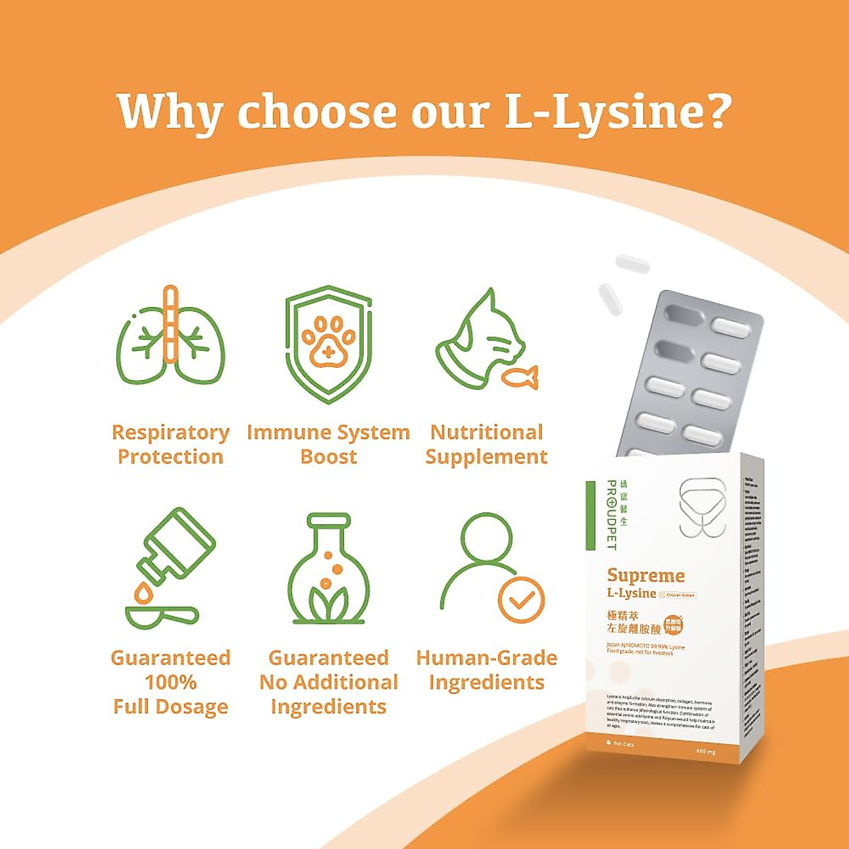 PROUDPET Supreme L-Lysine. Nutritional Supplement can Help Cats Keep Away from Herpes Virus. Also The Black Yeast can can Further Protect The Cat's Respiratory Health.