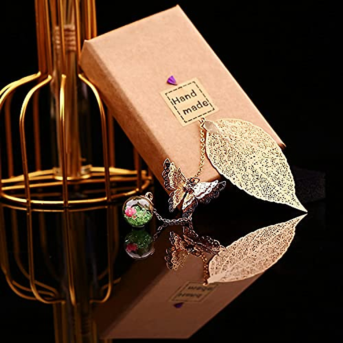 Metal Leaf Bookmark, 3D Butterfly Pendant, 2-Piece Set in Purple and Green, a Gift for Reading Enthusiasts/Ladies/Teachers/Kids.