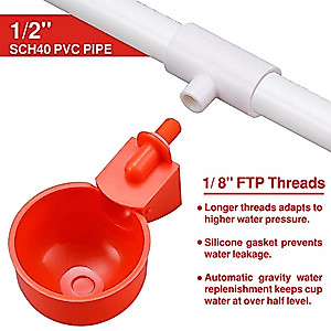 [12 Pack] Chicken Water Cups with PVC Tee, Automatic Waterer Kit for Poultry, DIY Water Feeder for Chicken Duck Quail Turkey, Chicken Water Nipples,Red