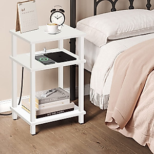 TUTOTAK End Table with Charging Station, Side Table with USB Ports and Outlets, Nightstand, 3-Tier Storage Shelf, Sofa Table for Small Space TB01BW042