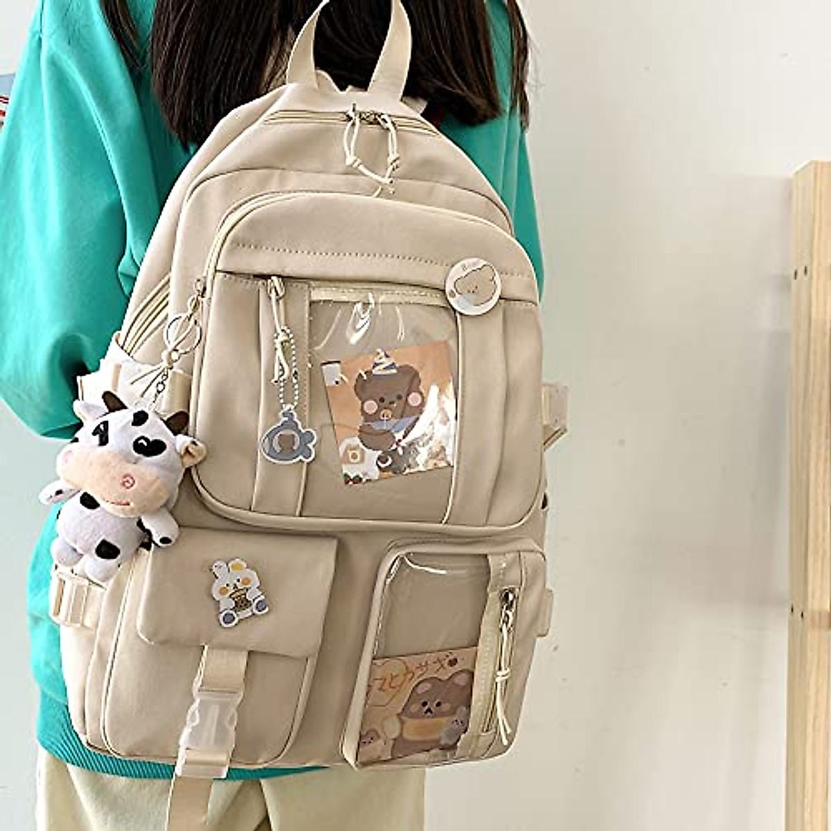 YOUNE Kawaii Backpack, with Kawaii Pin and Cute Accessories Backpack Cute Aesthetic Backpack for School Capacity Rucksack, Beige