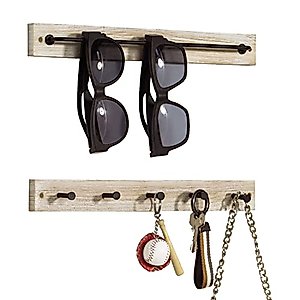 MyGift 2 Piece Set Wall Mounted Wood Sunglasses Organizer Rack and Coat Hook Wall Rack in Whitewashed Finish with Metal Hardware, Entryway Eyeglass Hanger Rail and Key Hooks