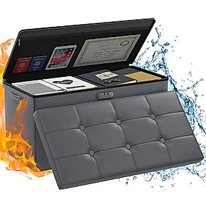 ENGPOW Storage Ottoman Bench,Fireproof Folding Storage Bench with Lock,30 Inches Fire＆Water Resistant Storage Chest Foot Rest Stool Leather Bedroom Bench with Storage Safe for Document,Valuables,Grey