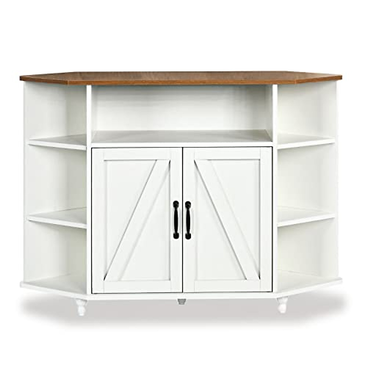 4 EVER WINNER Corner TV Stand for 50 Inch TV, 45” Farmhouse Corner TV Cabinet with LED Light, Adjustable Shelves and Barn Doors, Corner Entertainment Center for Living Room Bedroom, White