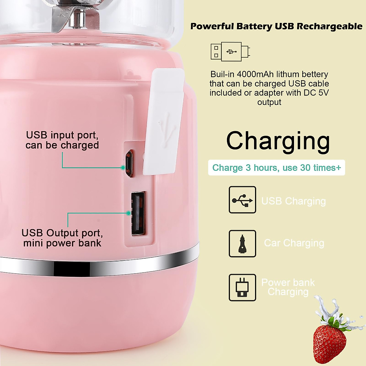 Smoothie Blender, Portable Blender, Christmas Gifts, Personal Blender Shakes, Small Blender Protein Drink Shaker With 2 Travel Cup And Lid Bpa Free, Usb Rechargeable, 15 Oz