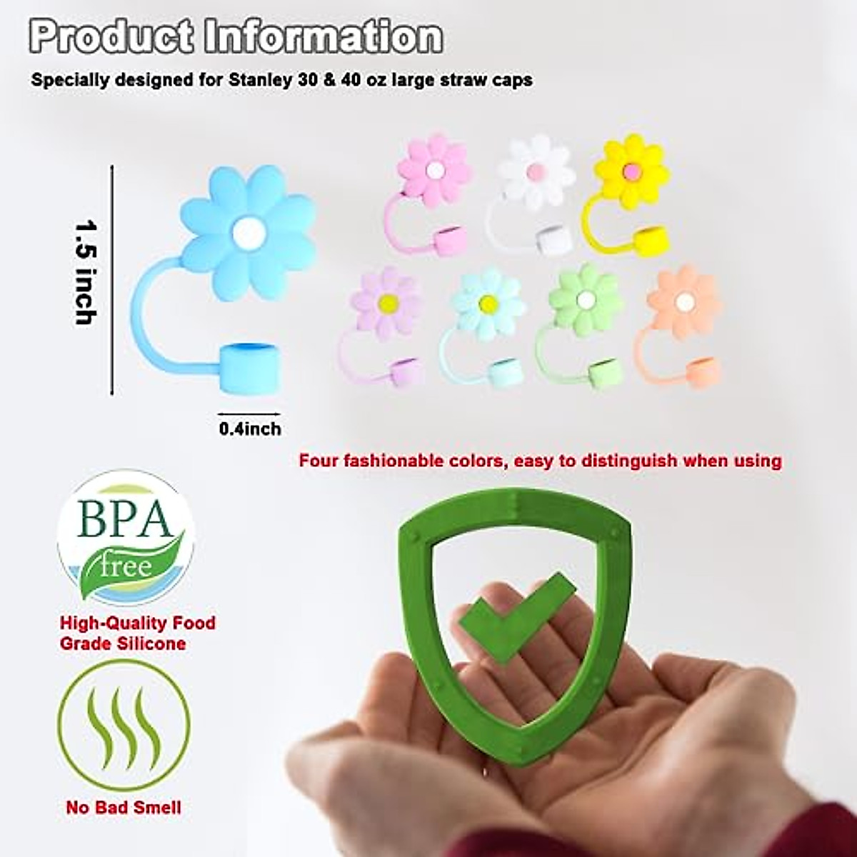 EXQUILEG Straw Covers Cap Fit for Stanley Cup, 8Pcs Silicone Flower Straw Toppers Compatible for Stanley 30&40 Oz Tumbler, 10mm Drinking Straw Tip Covers Fit for Stanley Cups Accessories