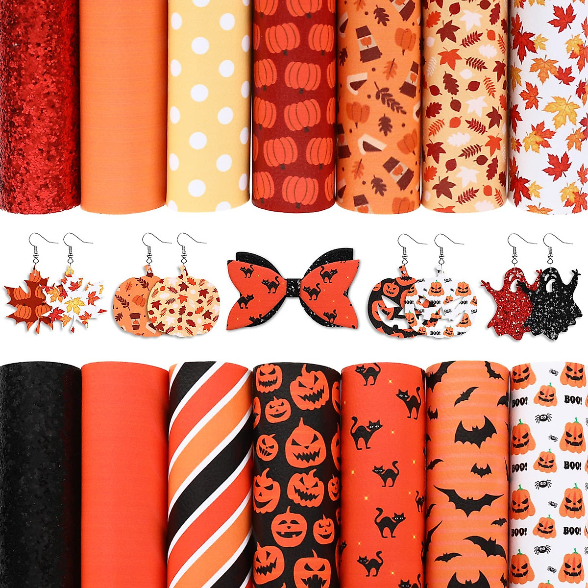 AnyDesign 14Pcs Fall Halloween Faux Leather Sheets Pumpkin Maple Leaf Black Cat Bat Stripe Dot Printed Synthetic Leather Fabric Glitter Orange Red Leather for Autumn Halloween DIY Craft, 6.3 x 8.3"