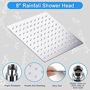 kaqinu Shower Head , 8 Inch High Pressure Rainfall Shower Head / Handheld Showerhead Combo with 11 Inch Extension Arm, Anti-leak Shower Head with Holder/ Hose, Flow Regulator, Chrome