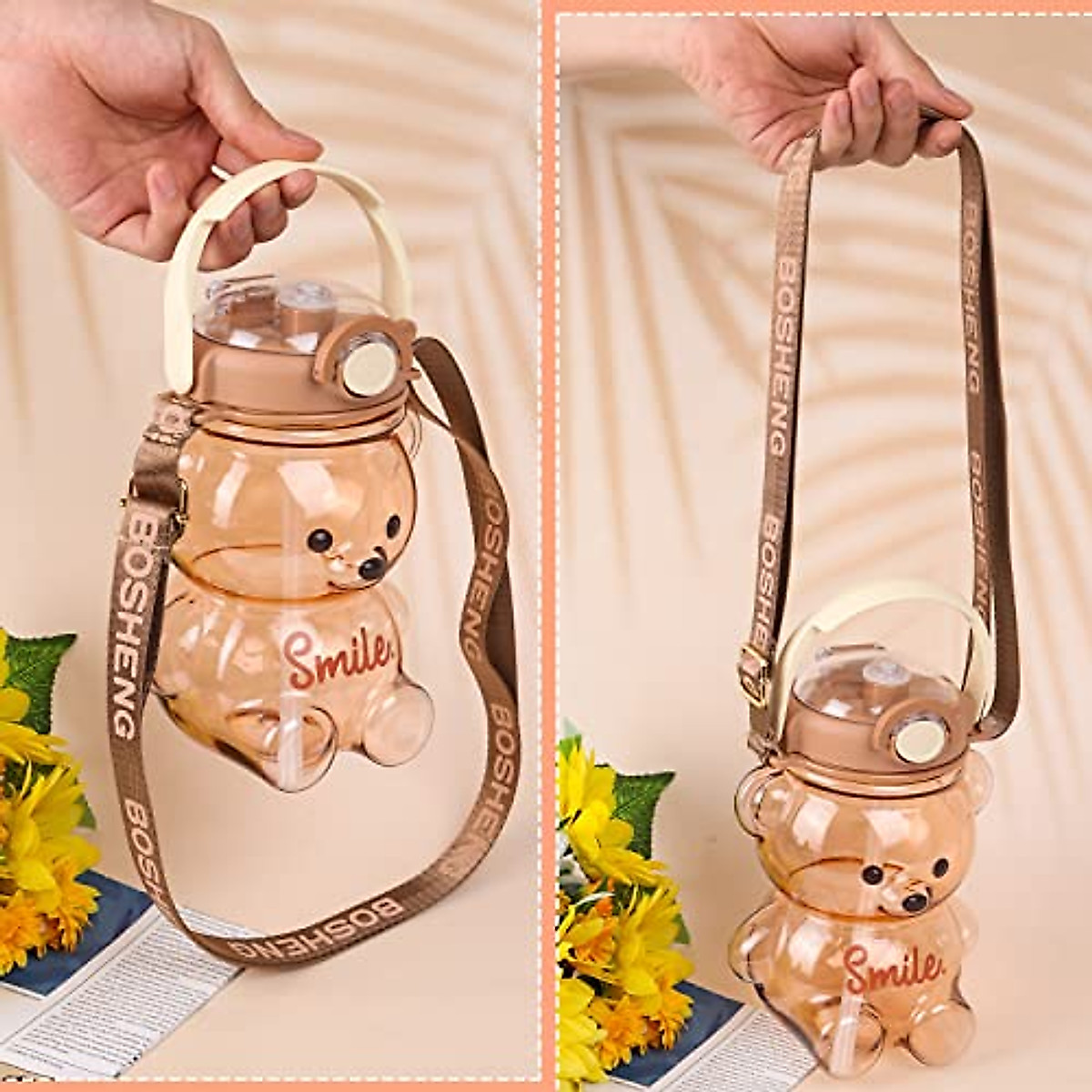 Kawaii Bear Straw Bottle, Large capacity bear water bottle with Strap and Straw, Cute Portable Bear shaped water Bottle Adjustable Removable Strap for outdoor and school activities(grey)