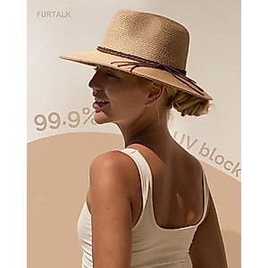 FURTALK Sun Hats for Women Summer Wide Brim UV UPF 50+ Panama Fedora Foldable Packable Straw Beach Hat Khaki