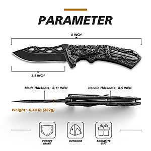 ohmonlyhoo Pocket Knife,3.5 inch Folding Knife with Dragon Pattern Handle,EDC Knife with Pocket Clip for Men and Women