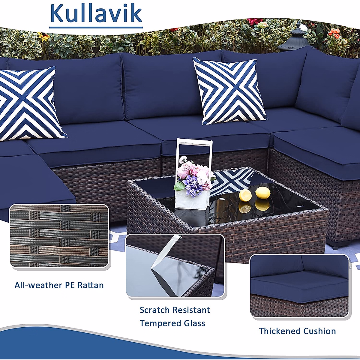 Kullavik Outdoor Patio Furniture Set, 7-Piece Patio All-Weather Outdoor Sofa, PE Wicker Combo Set with Coffee Table and Washable Sofa Seat Cushions (Navy Blue)