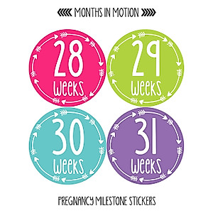 Months In Motion Pregnancy Weekly Belly Growth Stickers - Week to Week Pregnant Expecting Photo Prop - Maternity Keepsake - Baby Bump - Large Set of 36 Weekly Photo Sticker