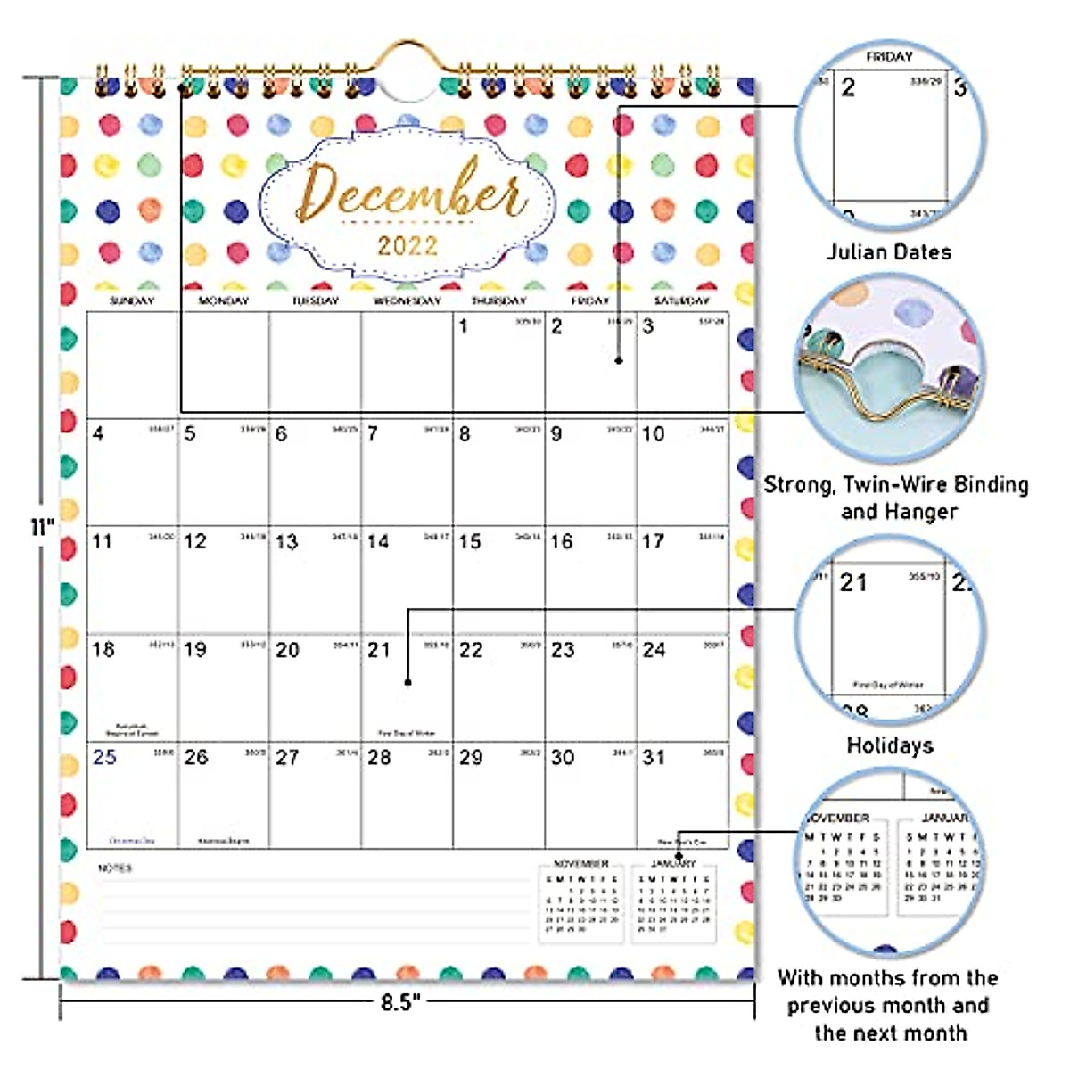 Calendar 2021-2022 - 18 Monthly Wall Calendar, 11'' x 8.5'', Jul. 2021 - Dec. 2022, Twin-Wire Binding, Ruled Blocks with Julian Dates, Vertical, Perfect for Planning and Organizing Home and Office
