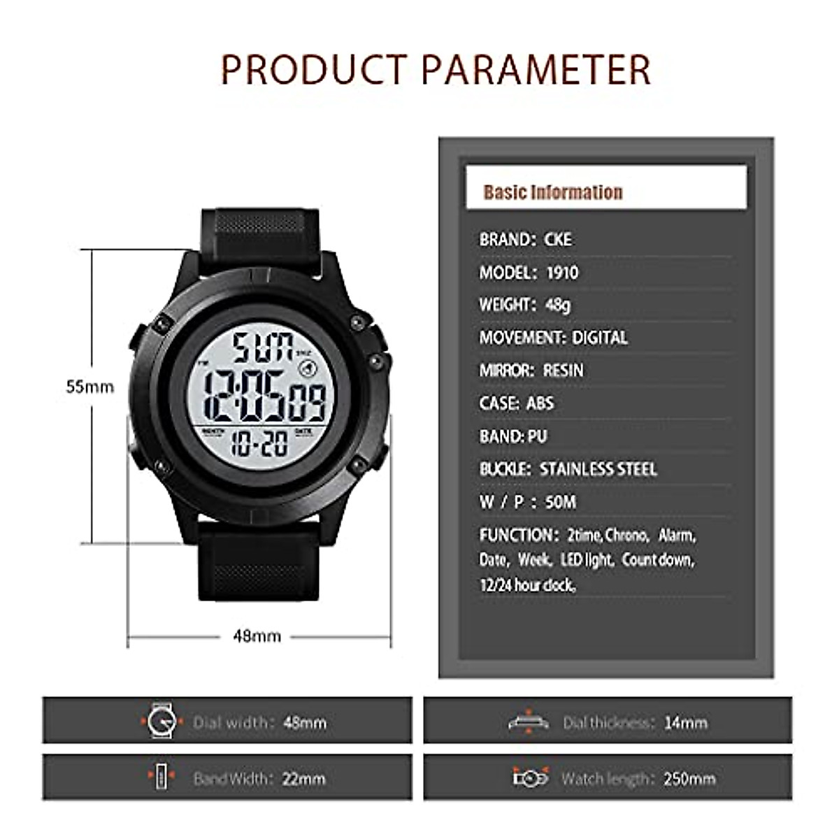 CKE Men's Digital Sports Watch Large Face Military Waterproof Watches for Men with Stopwatch Alarm