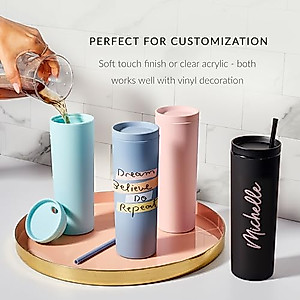 Maars Skinny Acrylic Tumbler with Lid and Straw | 18oz Premium Insulated Double Wall Plastic Reusable Cups - Clear, 8 Pack