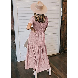 Zattcas Womens 2023 Spring Summer Smocked Tiered Boho Floral Long Maxi Dresses Casual Short Sleeve Modest Flowy Church Maternity Wedding Guest Dress Mauve S