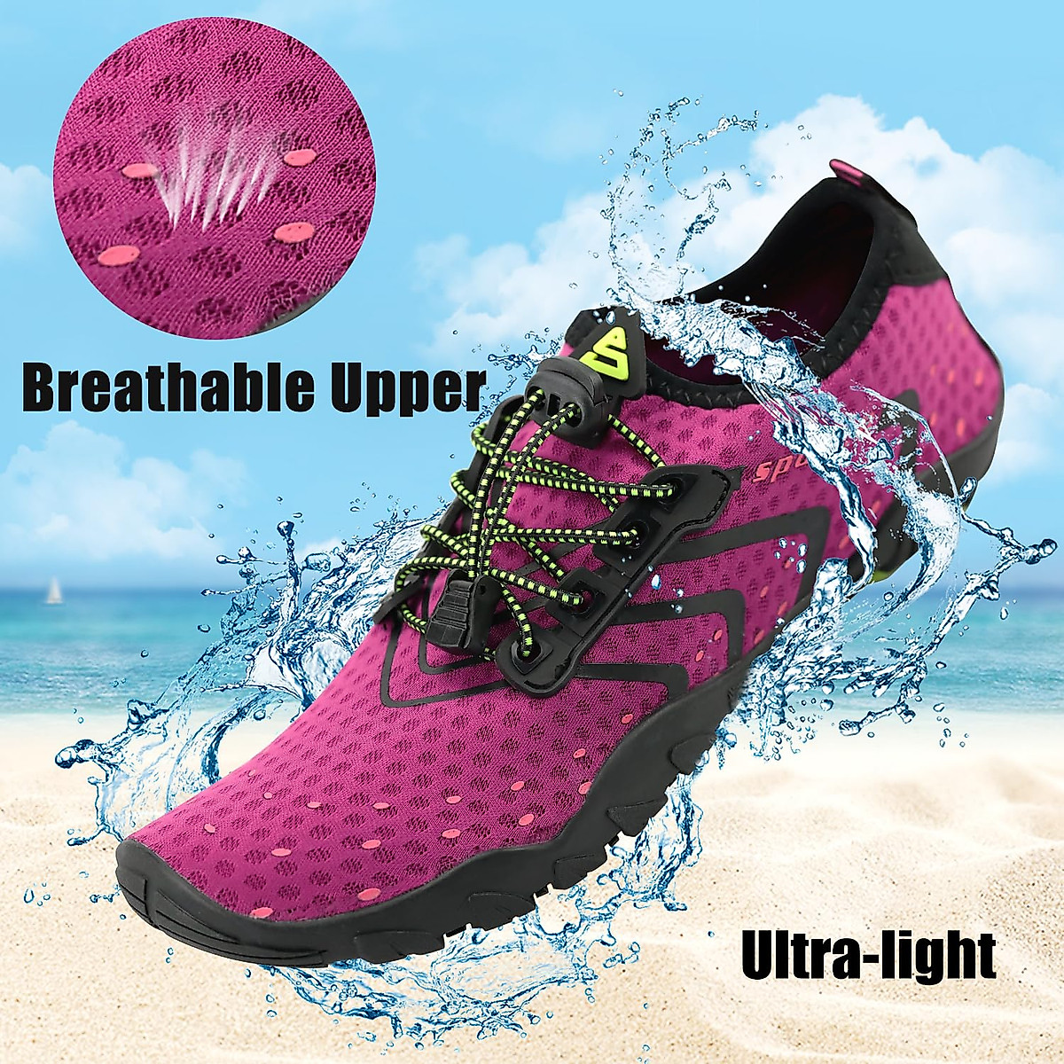 Joelynne Water Shoes for Women Men, Quick Dry Barefoot Aqua Shoes Beach Swim Sports Outdoor Hiking Diving Surf, 1 Electric Purple, 10 Women/8 Men