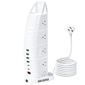Power Strip Tower,Surge Protector Outlet 8 Widely Spaced AC Outlets,Fast Charger 4 USB Ports and 2 USB C with 6ft Extension Cord,Overload Protection with Voltage Display for Home Office