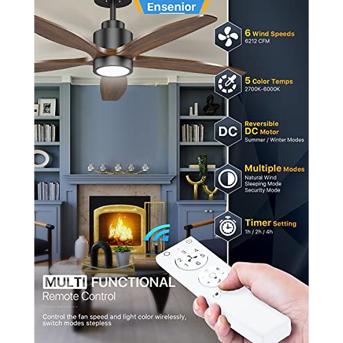 Ensenior 52” Ceiling Fan with Light Remote Control, 5CCT selectable, Dimmable, 1000 Lumens, 15W LED, 5 Wood Blades and Reversible DC Motor, for Bedroom and Living Room, Black, (338)