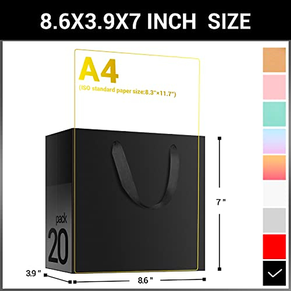 EUSOAR Black Shopping Bags with Handles, 20 Pack 8.6" x3.9" x7" Mini Kraft Paper Gift Wrap Bags with Handles, for Business, Grocery, Boutique, Retail, Wedding, Party Favors, Birthdays