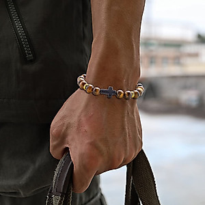 CASDAN 12Pcs Cross Beads Bracelet for Men Women 8mm Lava Tiger Eye Stone Stretch Bracelets Set