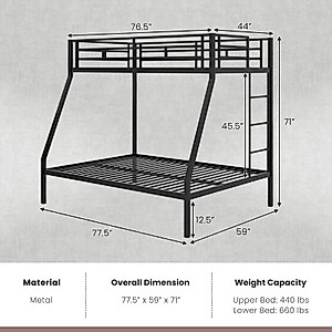 KOMFOTT Metal Twin Over Full Bunk Bed, Heavy Duty Bed Frame with Integrated Ladder, Full-Length Guardrails for Teens & Adults, Space-Saving Bunk Bed for Bedroom & Dorm, No Box Spring Required