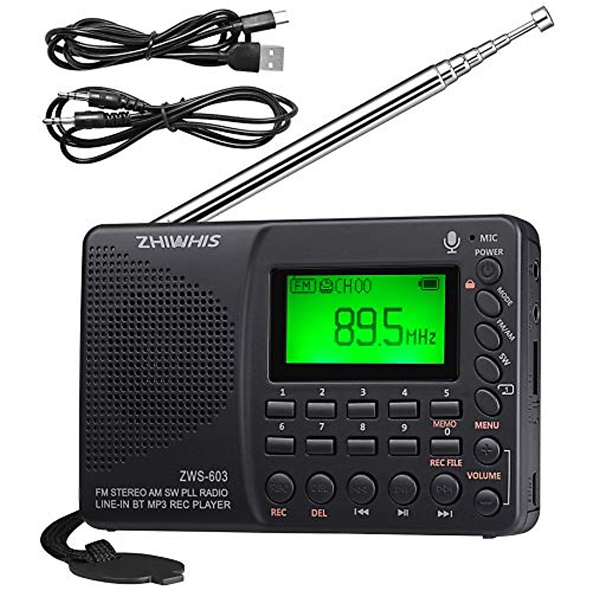 ZHIWHIS Portable Bluetooth Radio, FM AM Shortwave Radios with Sleep Timer and Preset Function, Rechargeable Digital Recorder, Stereo MP3 Player with Lyric Display, Support Micro SD Card and AUX