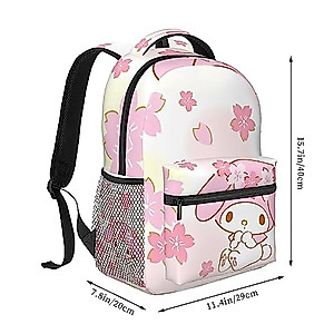 Cute My Bunny Melody And Flowers Backpack Cartoon My Bunny Melody Characters Backpack Double Shoulder Strap Adjustable Durable Laptop Bag Backpacks Lightweight Cute Travel Daypack With Keychain