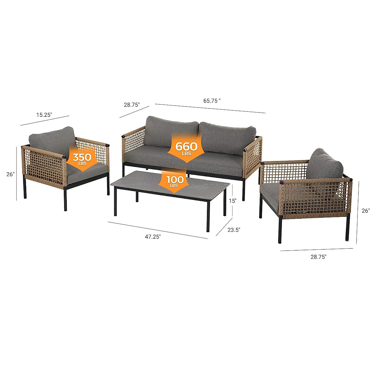 Grand patio Outdoor 4-Piece Conversation Set Rust Free Patio Furniture Set Open-Weave Wicker Olefin Modern Sofa Seating for Garden, Backyard, Balcony, Gray