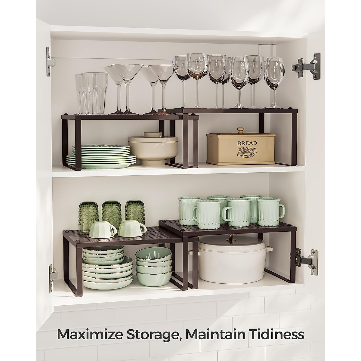 SONGMICS Cabinet Shelf Organizer, Stackable, Expandable, Set of 4 Metal Kitchen Counter Shelves, Brown UKCS06BR